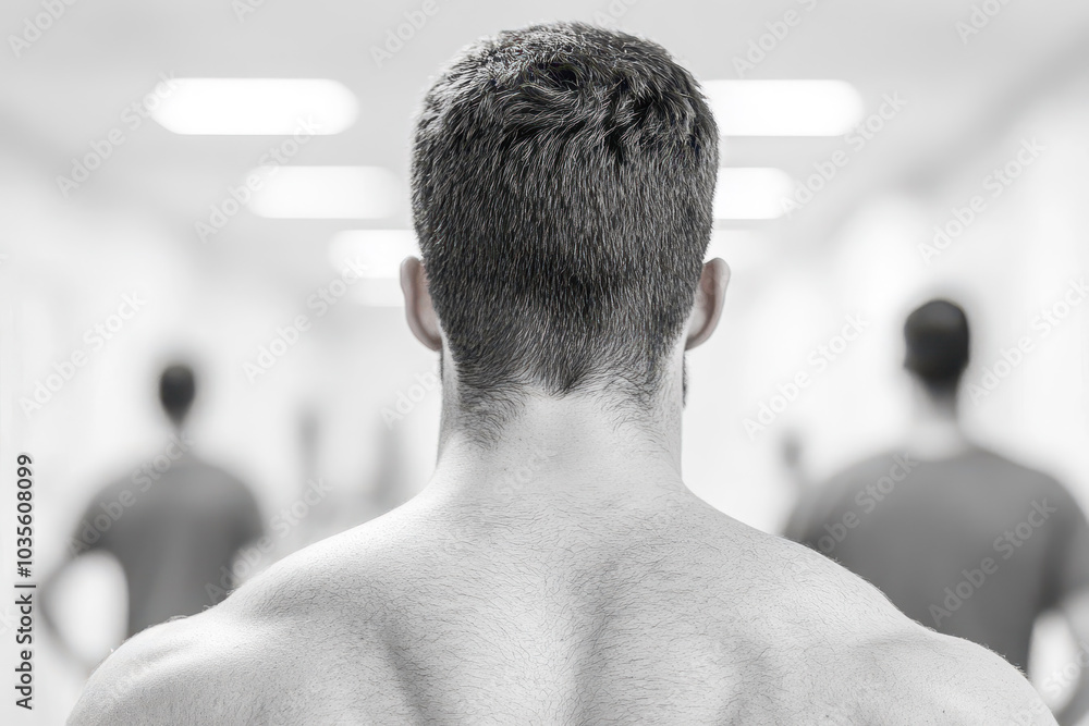Back view of a muscular man in a gym hallway, black and white photo ...