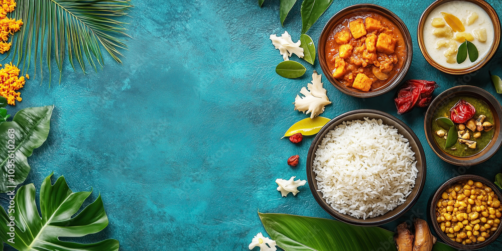 Onam food with sadhya rice on teal blue background. Traditional food ...