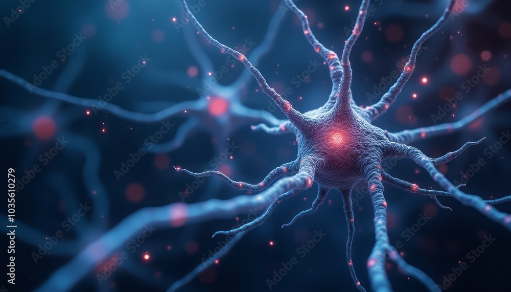 A highly detailed close-up of a neuron cell with glowing neural connections, representing the ...