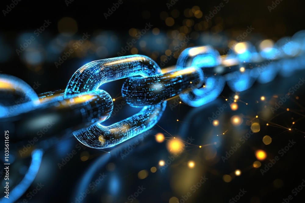 Digital blockchain network with glowing chain links, showcasing advanced futuristic technology ...