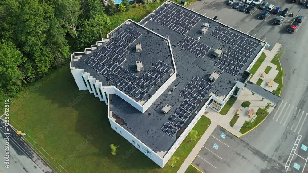 A breathtaking aerial view of a church roof with solar panels ...