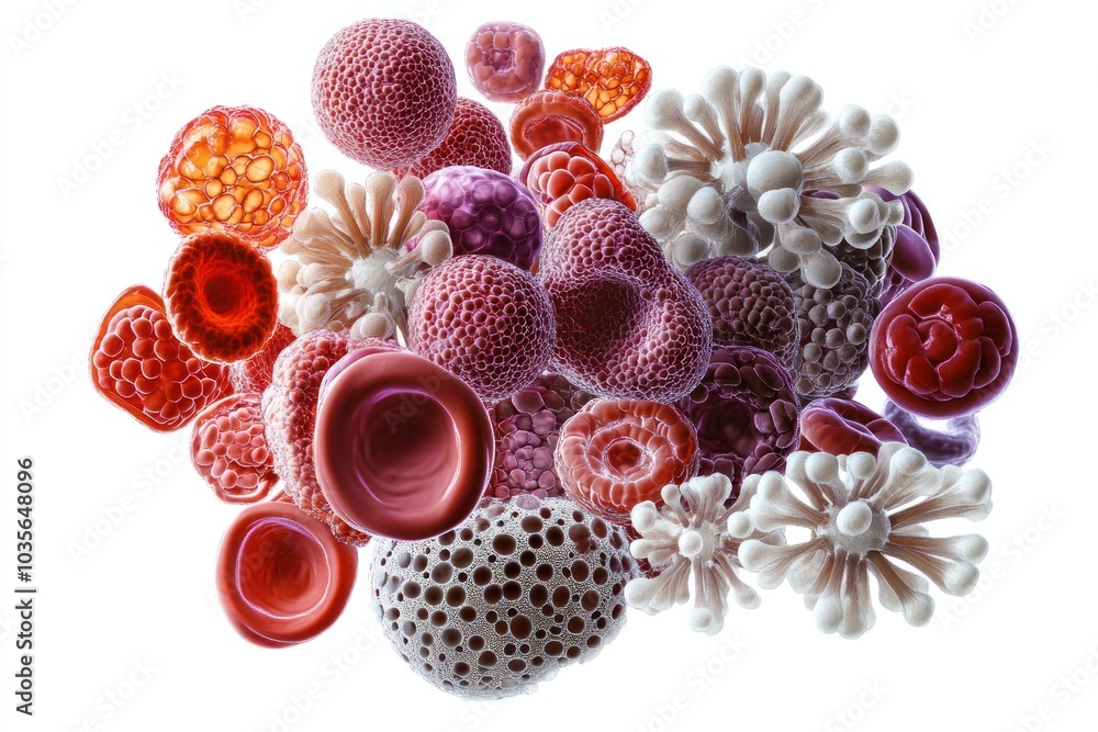 Detailed microscopic image featuring a cluster of various blood cells ...