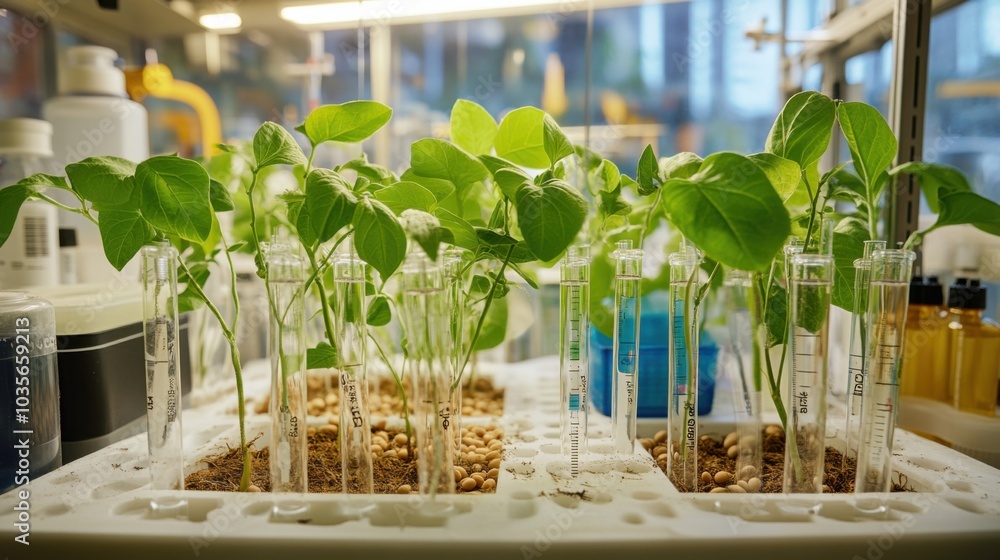 Soybean (Glycine max) plants in a laboratory setup, with genetic ...