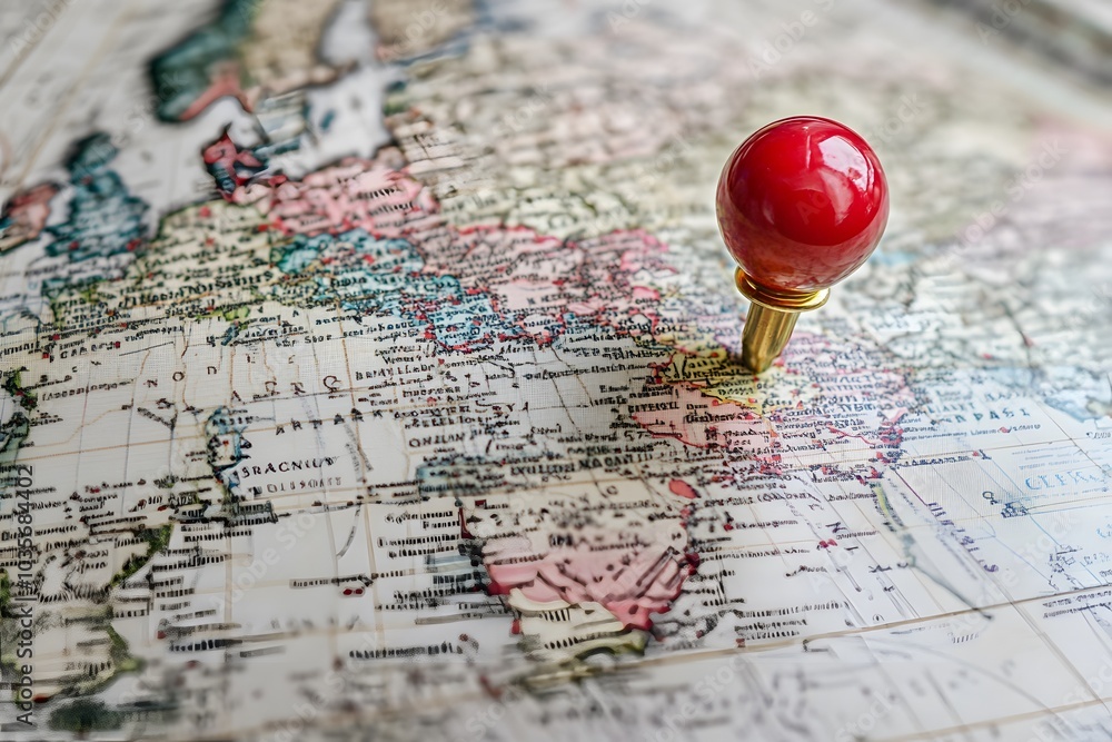 A close-up of a map with a red pin marking a specific location ...