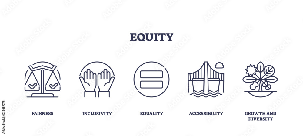 Equity icons outline depicting fairness, inclusivity, and growth ...