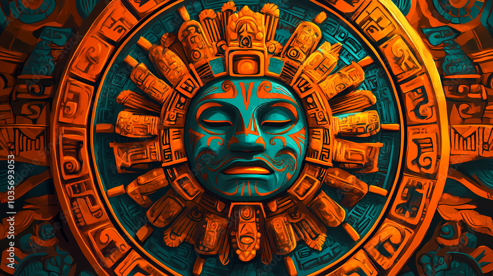 Intricate aztec sun stone patterns in vibrant orange and teal hues ...