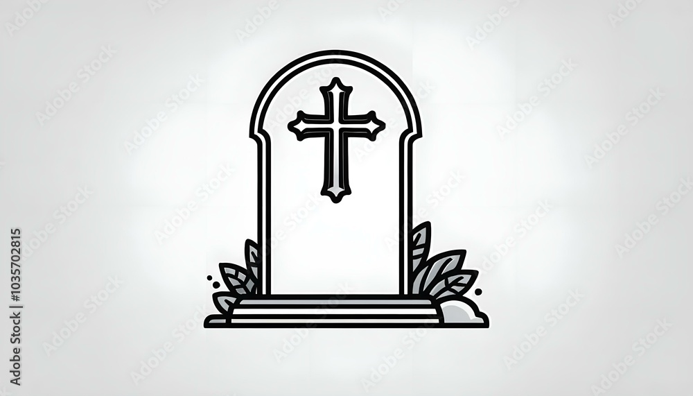 Simple line drawing of a gravestone with a cross and decorative foliage ...