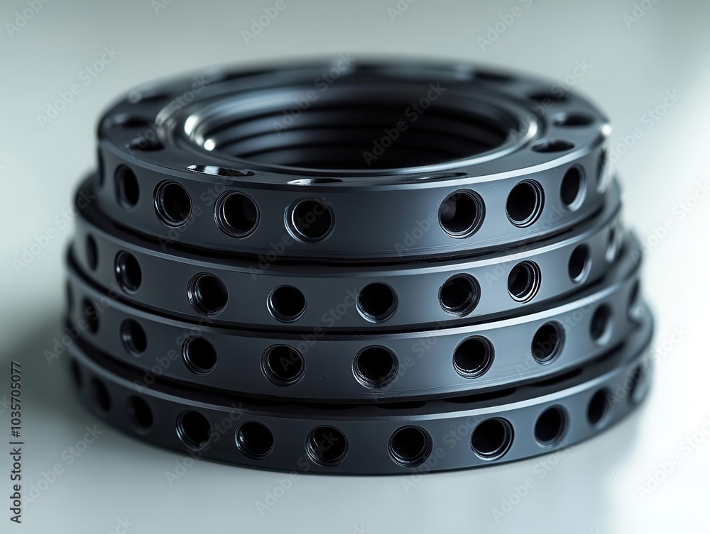 precision-engineered stack of black automotive gaskets displayed ...
