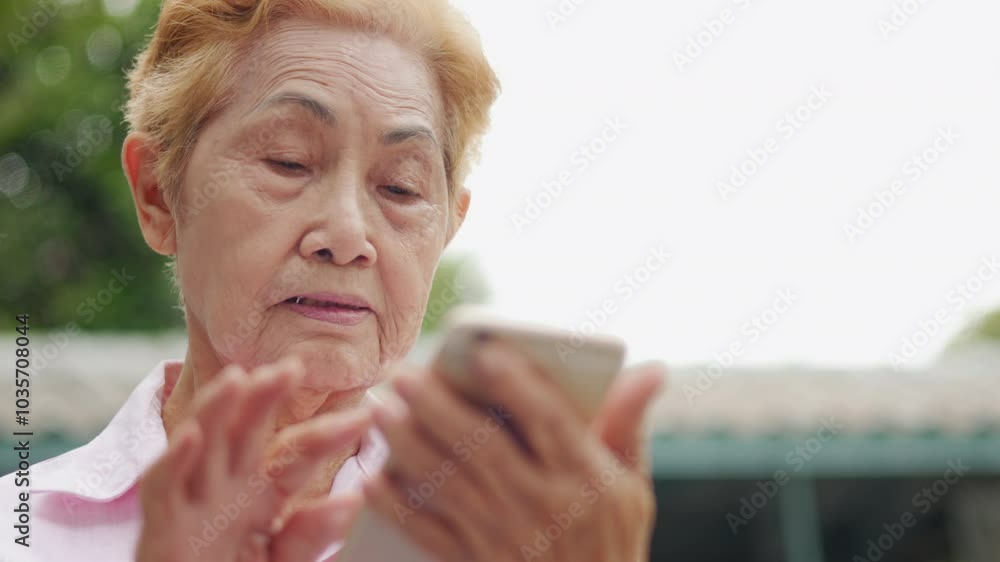 Close up 80-year-old Asian woman face confidently uses smartphone ...