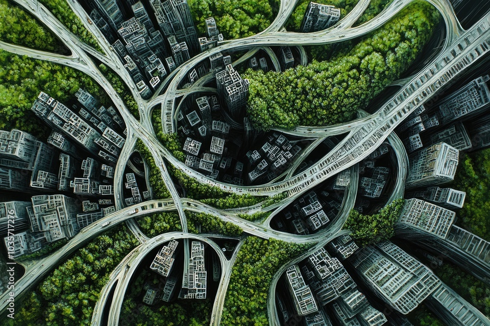 Aerial view of a complex urban landscape intertwined with greenery and ...