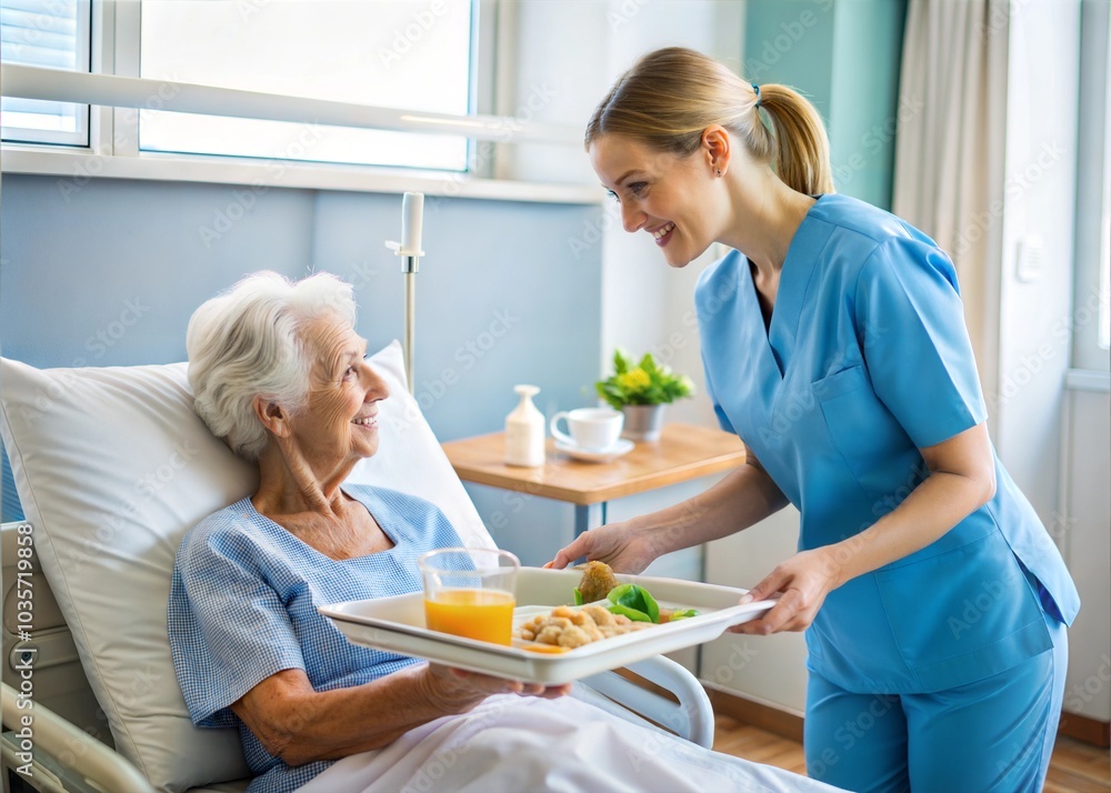 Nurse serving senior female patient meal in hospital bed. Medical ...