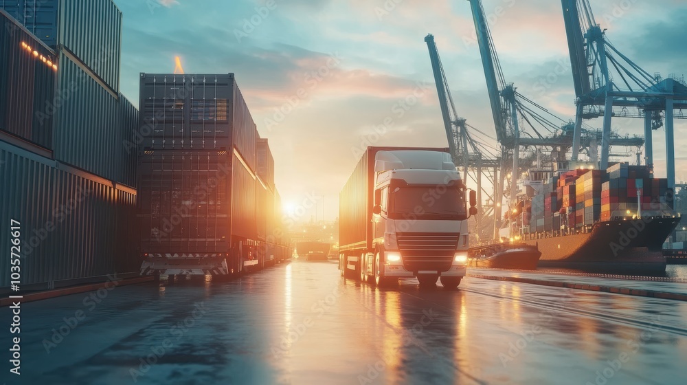 Container truck in ship port for business Logistics and transportation ...