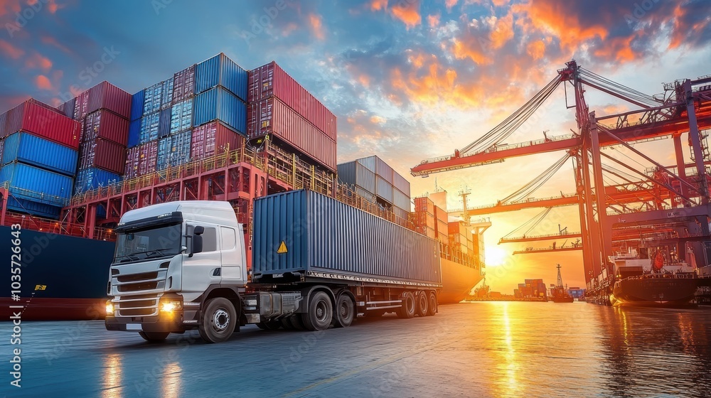 Container truck in ship port for business Logistics and transportation ...