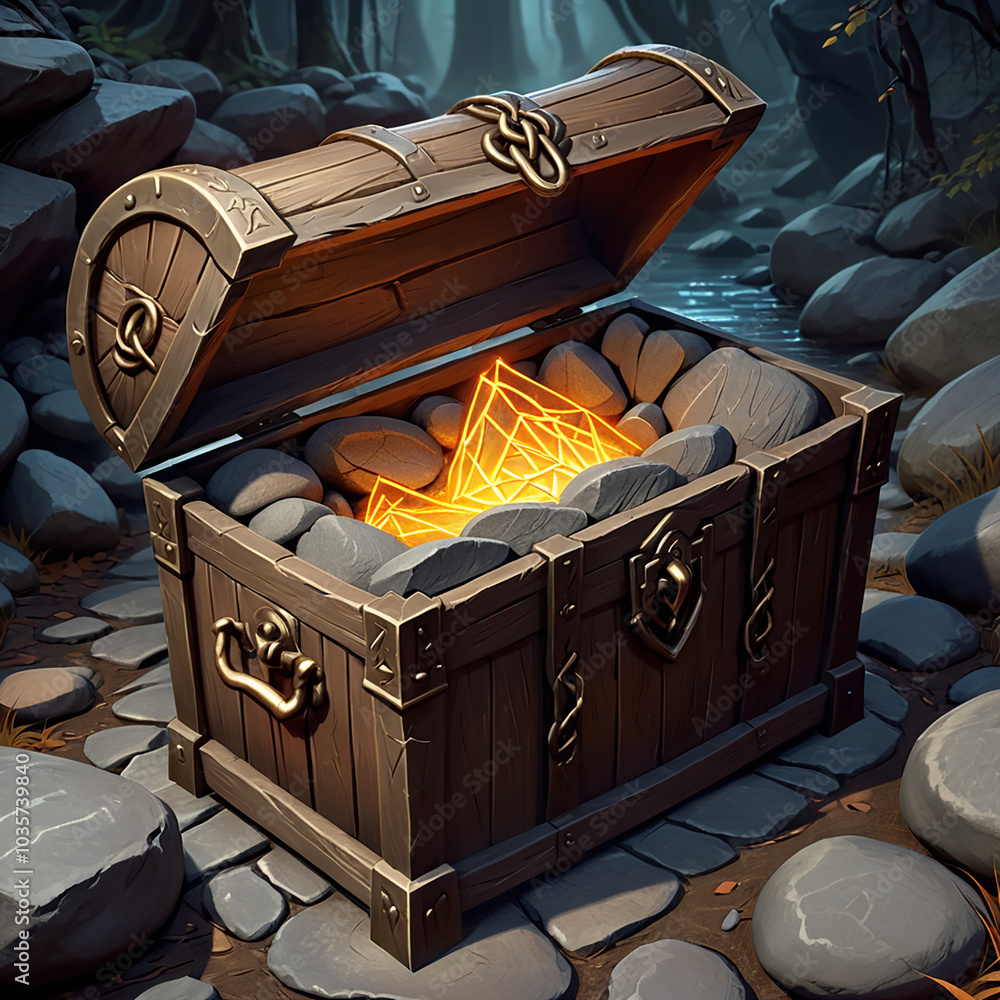 A wooden treasure chest is open, revealing a glowing, geometric gem ...