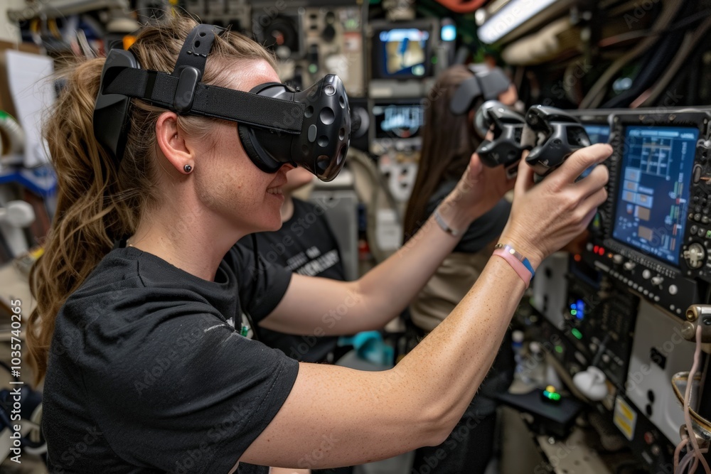 Astronaut floating inside a high-tech space station, interacting with ...