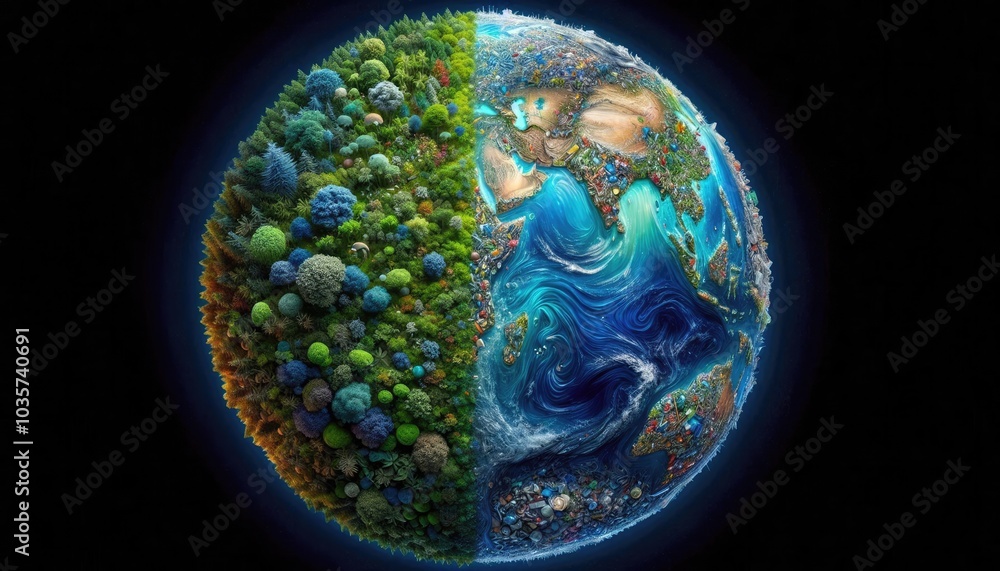 Planet Earth Divided: One Half Lush and Vibrant with Nature, the Other ...
