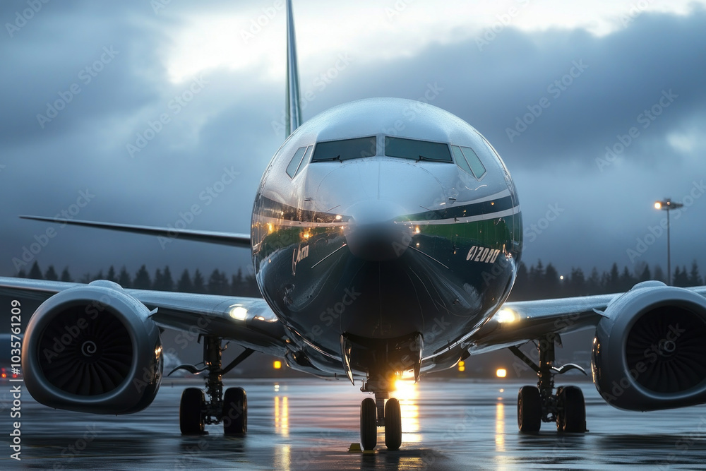 Large jet parked on airport runway under clear skies, surrounded by ...