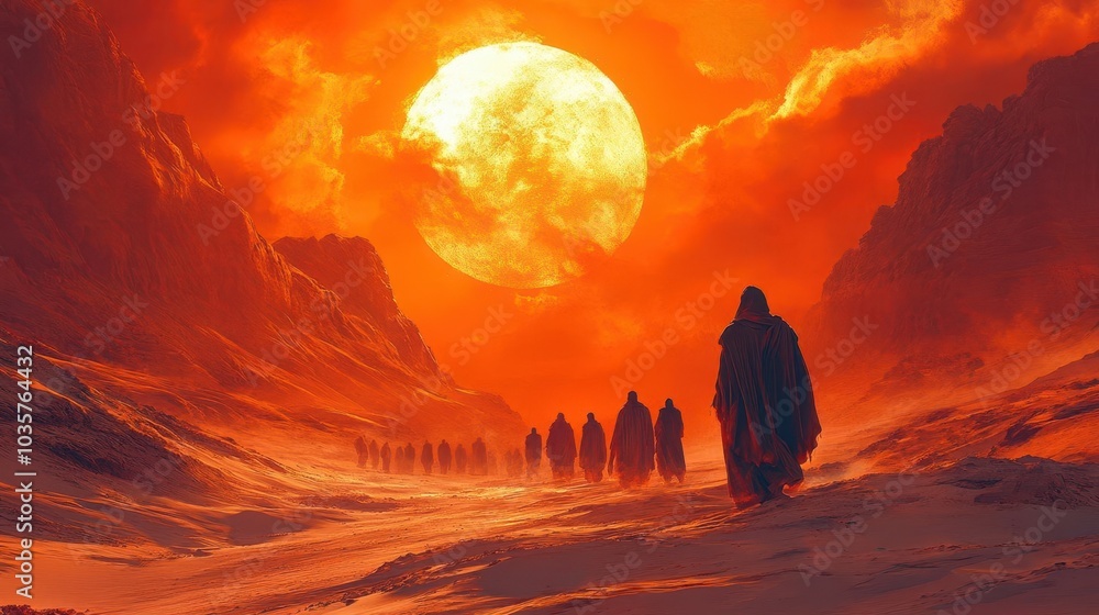 moses leading the israelites through a vast sandy desert under a ...