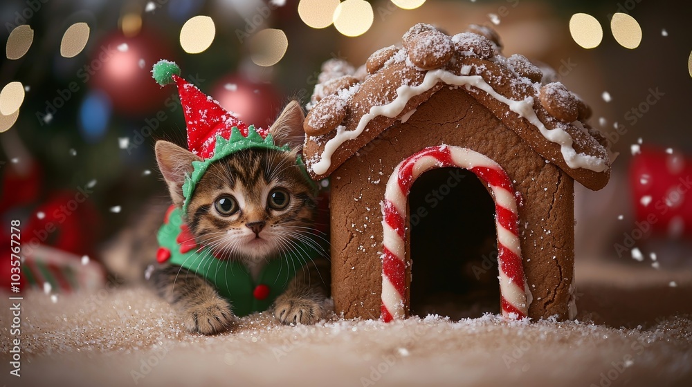 Cats in tiny elf costumes playing inside a gingerbread house, whimsical ...
