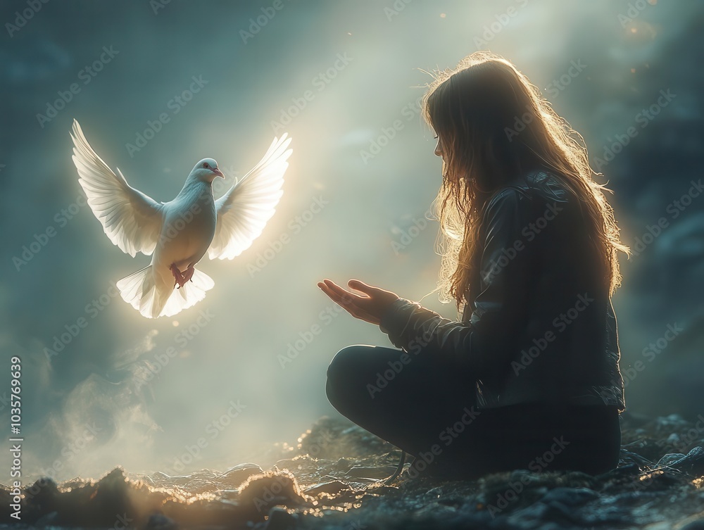 woman in prayer, kneeling as a white dove descends, enveloped in divine ...