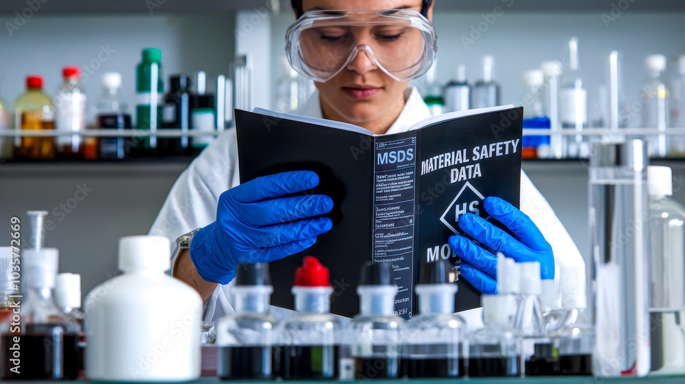 Scientist in laboratory analyzing material safety data sheets while ...