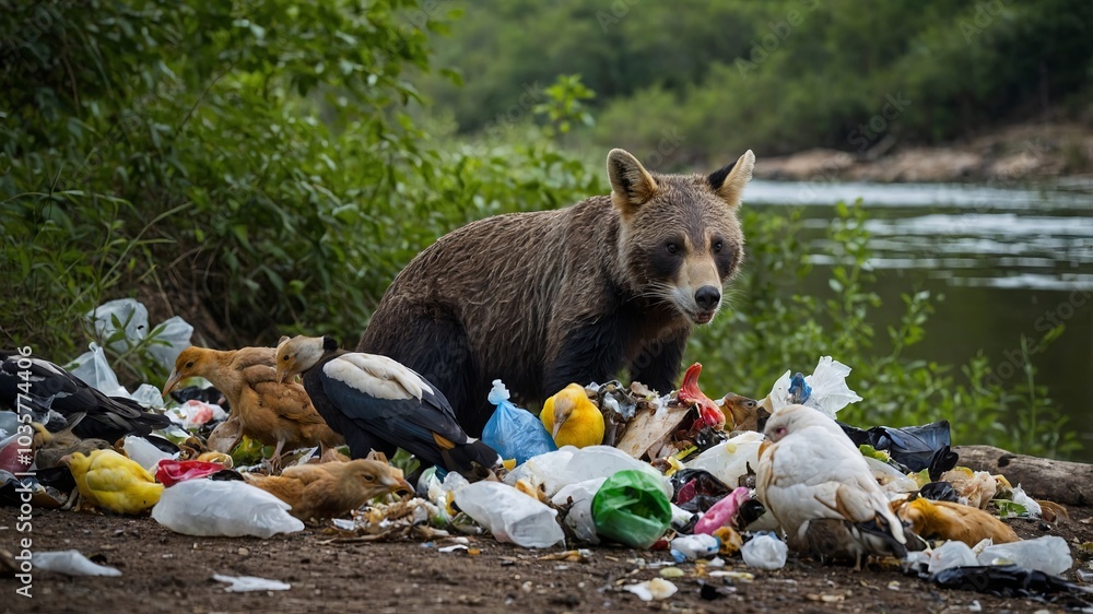 Photo & Art Print A bear rummaging through a pile of garbage in a ...