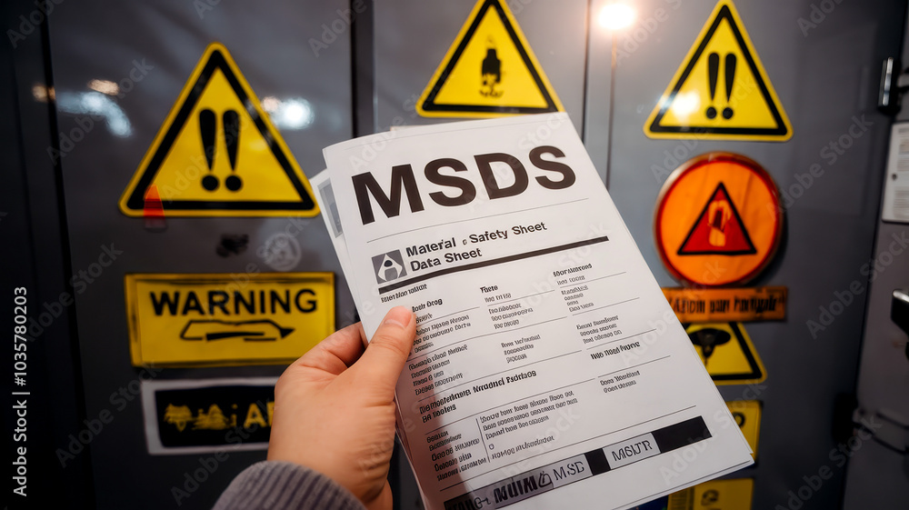 A hand holding an MSDS (Material Safety Data Sheet) in front of safety ...