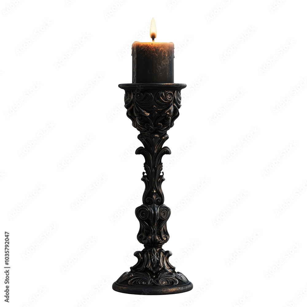 Gothic Black Candle with Ornate Holder and Flickering Flame on ...