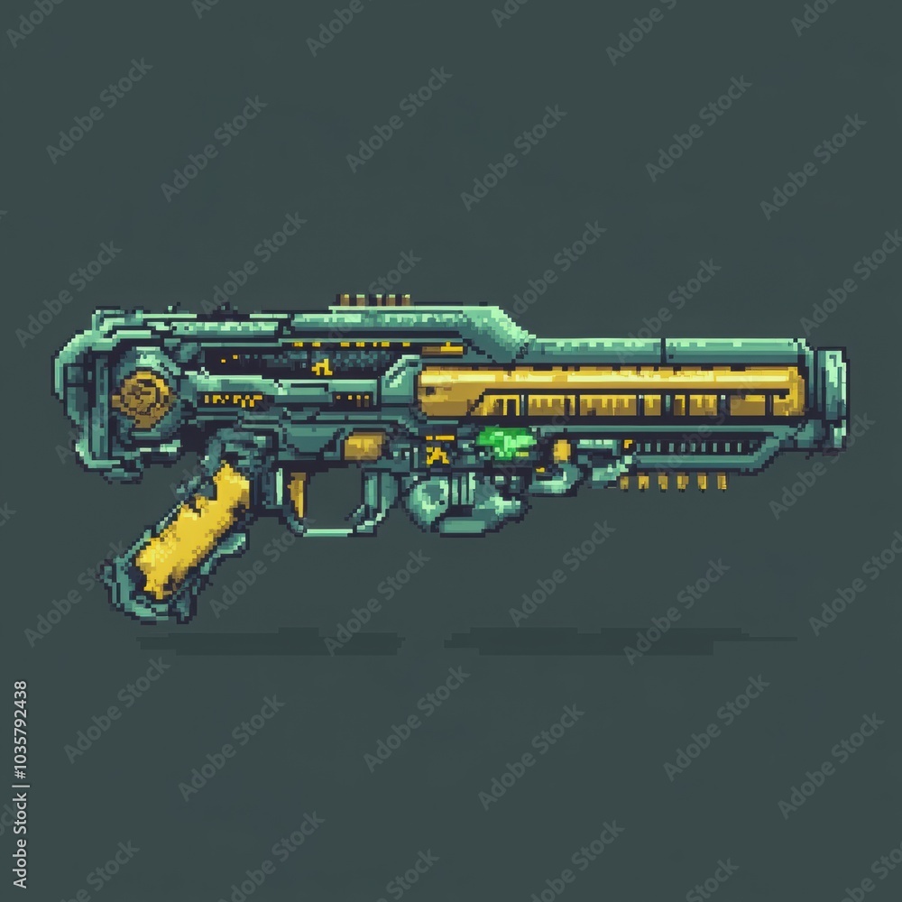 Pixel art sci-fi blaster with gold and teal accents on a solid ...