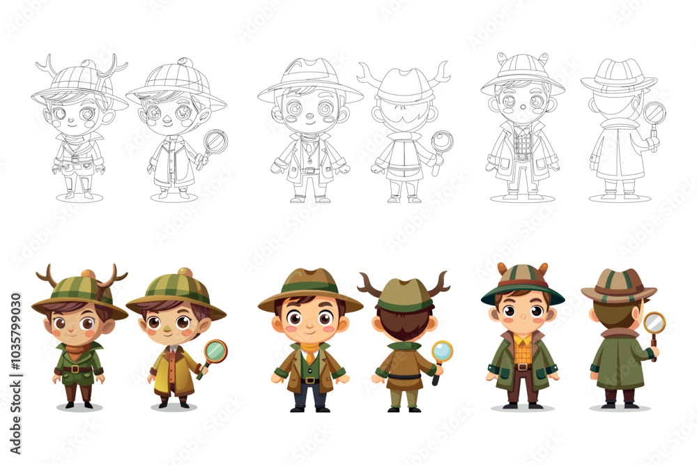 Cute Detective Character Design With Illustrations and Outfits Stock ...