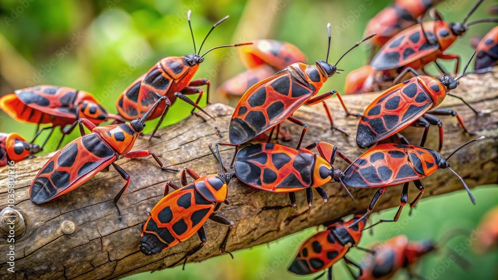 Boxelder Bugs crawling on a tree branch , insects, pests, red and black ...