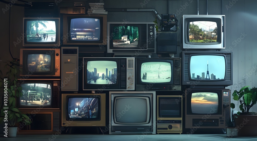 Stacks of old vintage televisions display various nature scenes ...