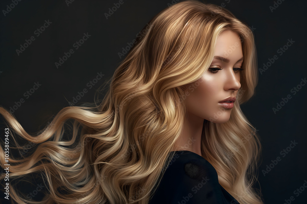 Side profile of woman with voluminous blonde hair, for promoting ...