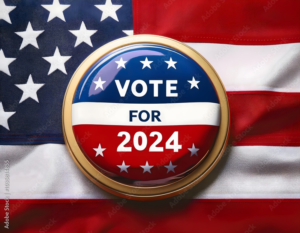 Vote election badge button with text VOTE for 2024 background, lying at ...