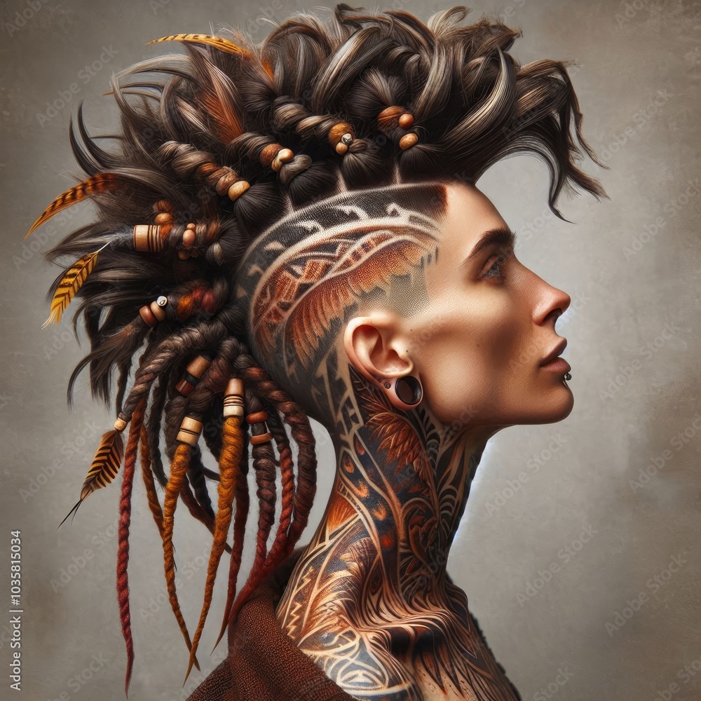 Bold faux hawk hairstyle with shaved tribal patterns, textured twists ...