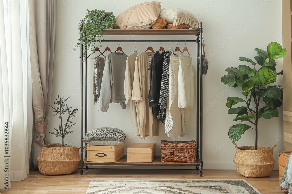 Stylish free-standing rack made of metal and wood, featuring an open ...