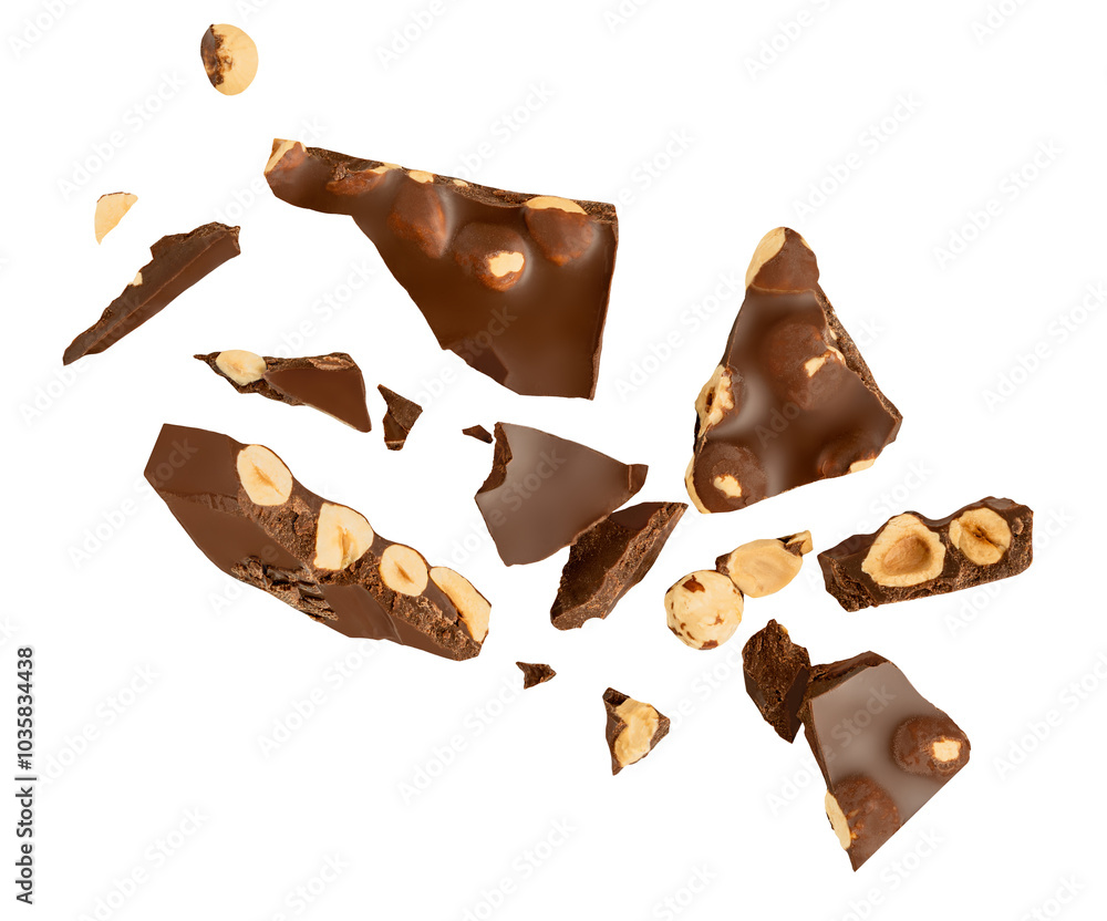 Levitating dark chocolate chunks isolated on white background. Broken ...