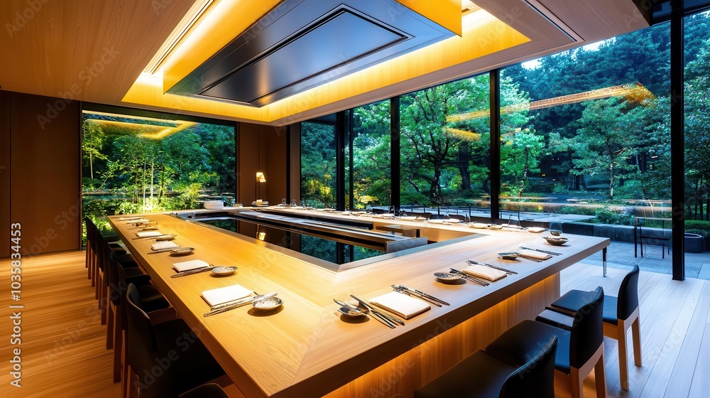 Highend Japanese restaurant with tatami seating, natural wood textures ...