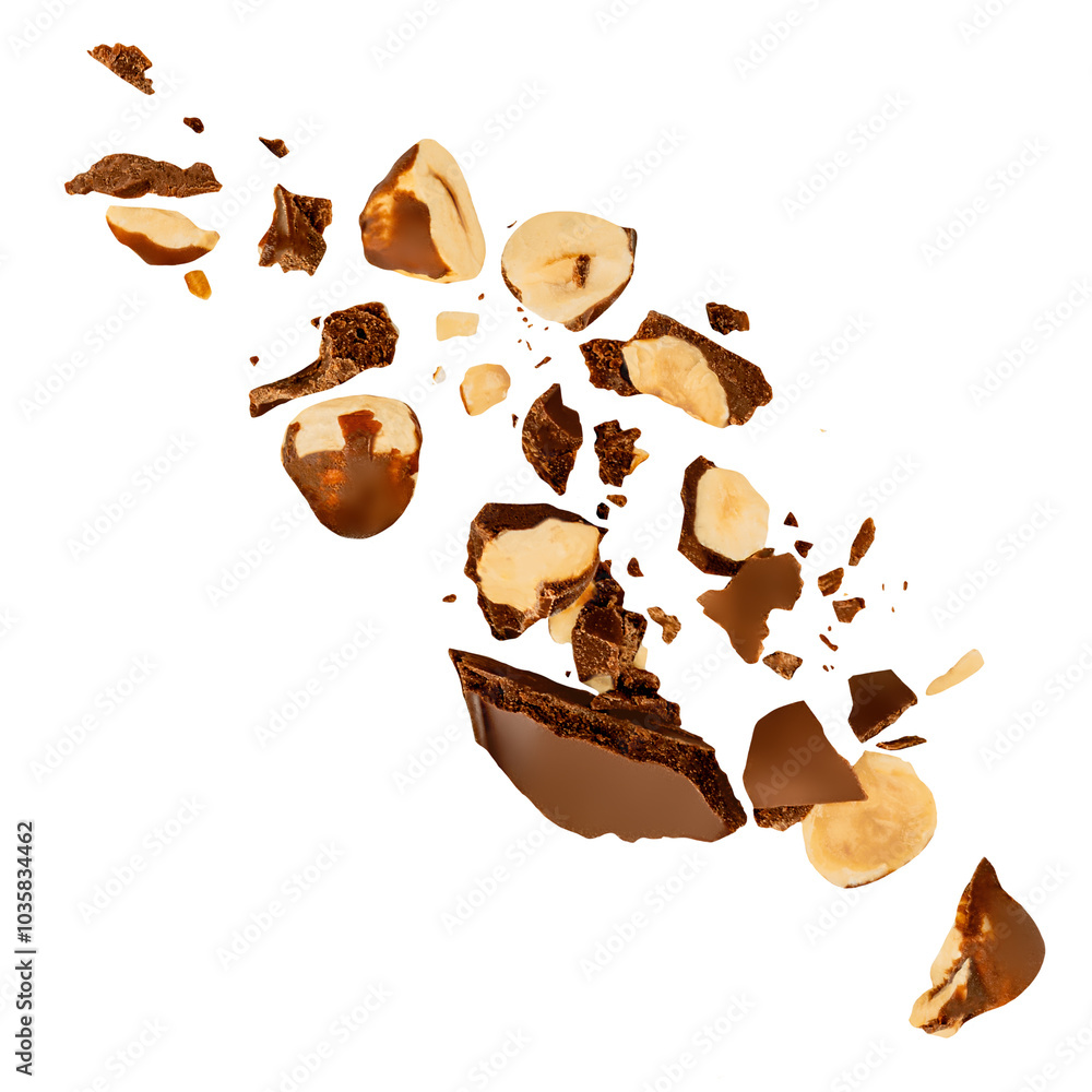 Levitating dark chocolate chunks isolated on white background. Broken ...