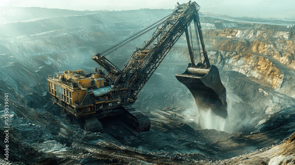 dramatic view of massive dragline excavator working in open pit mine ...