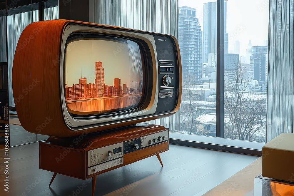 Retro-style TV set with wooden frame, positioned in modern living room ...
