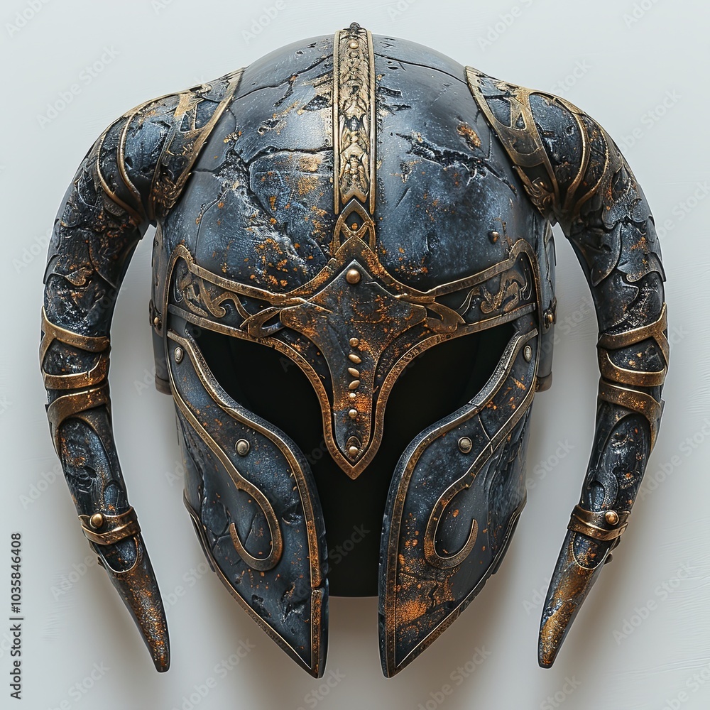 Antique helmet with horns. Realistic old head armor with cracks and ...