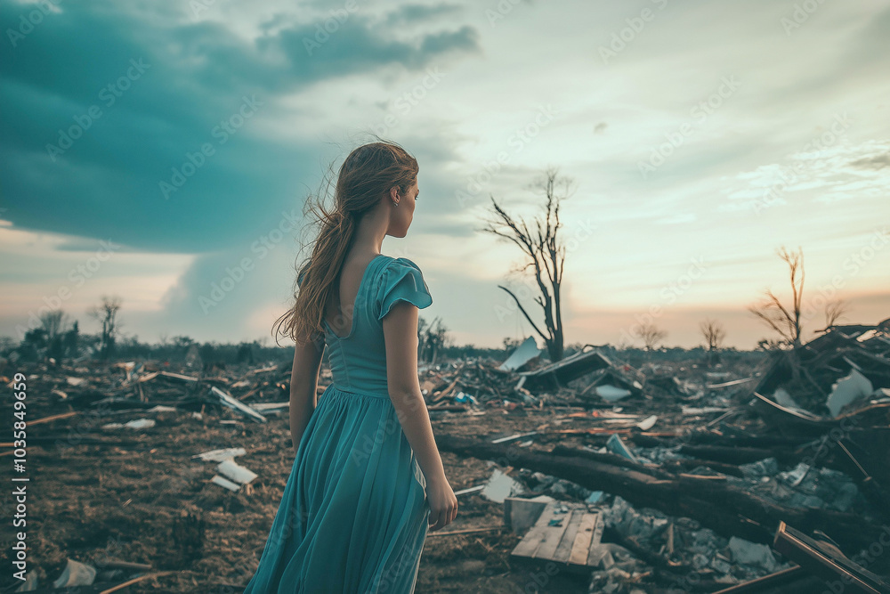 A young woman stands among the ruins after a tornado. Photo from the ...