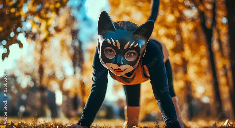 Quadrober in the park - a girl wearing a cat mask and ears, animal ...