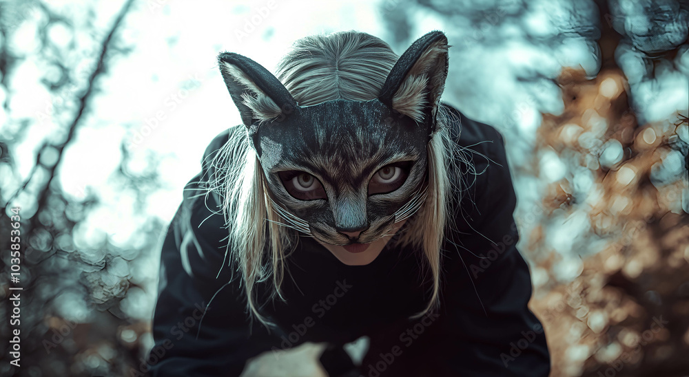 Quadrober in the park - a girl wearing a cat mask and ears, animal ...