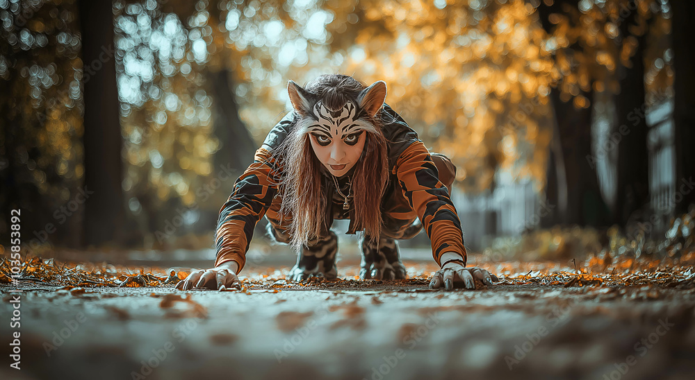 Quadrober in the park - a girl wearing a cat mask and ears, animal ...