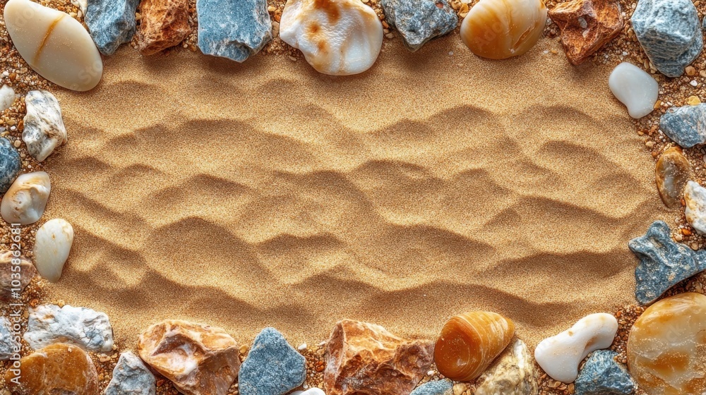 Natural sand backdrop framed by rocks and pebbles, showcasing a ...
