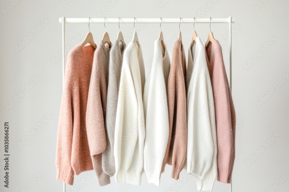 Stylish chic cardigans in pastel beige, coral and cream colors hanging ...