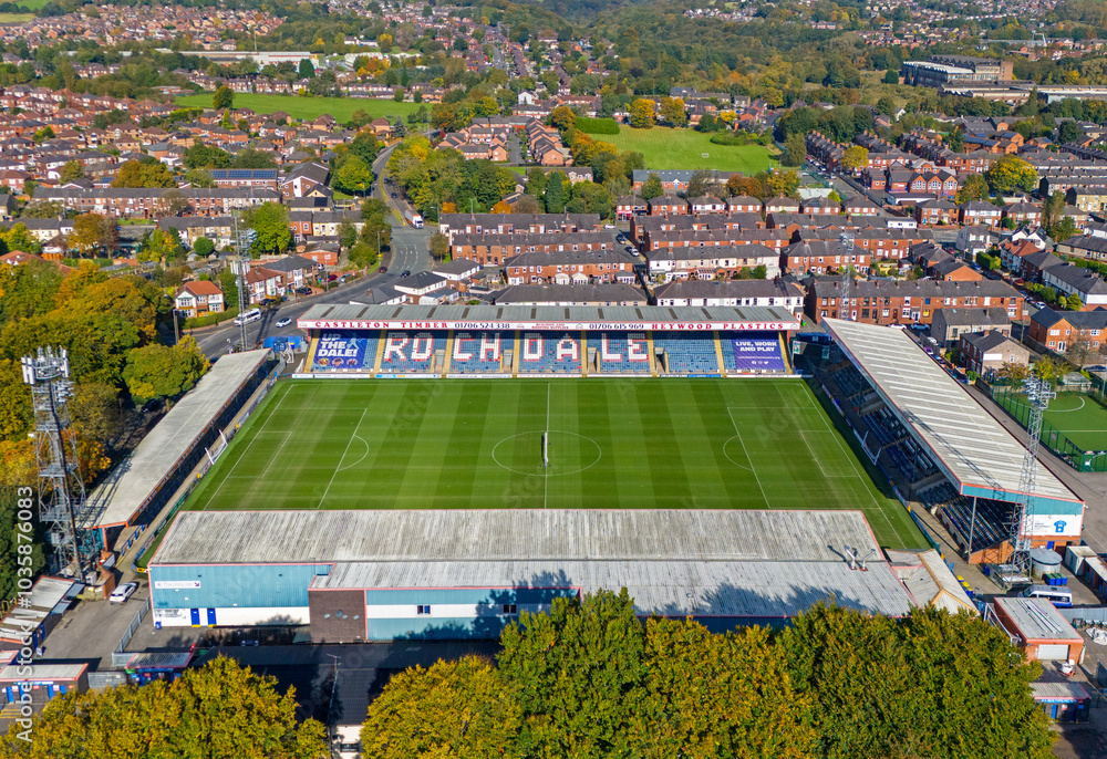 Crown Oil Arena Stadium, The home of AFC Rochdale Football Club, Aerial ...