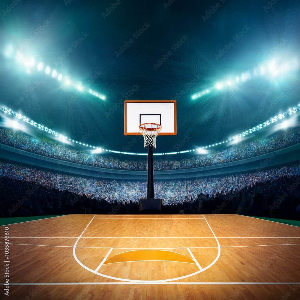 basketball court with intense lighting while hoop and scoreboard are ...